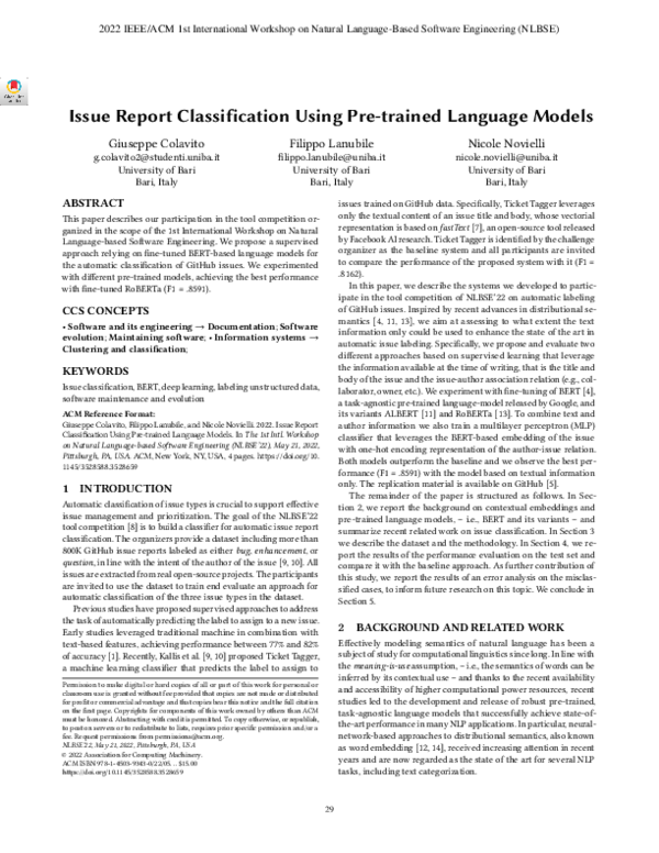 (PDF) Issue report classification using pre-trained language models