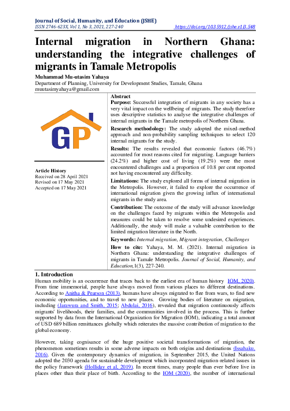 (PDF) Internal migration in Northern Ghana: understanding the integrative challenges of migrants ...
