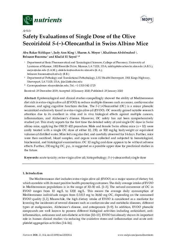 (PDF) Safety Evaluations of Single Dose of the Olive Secoiridoid S-(− ...