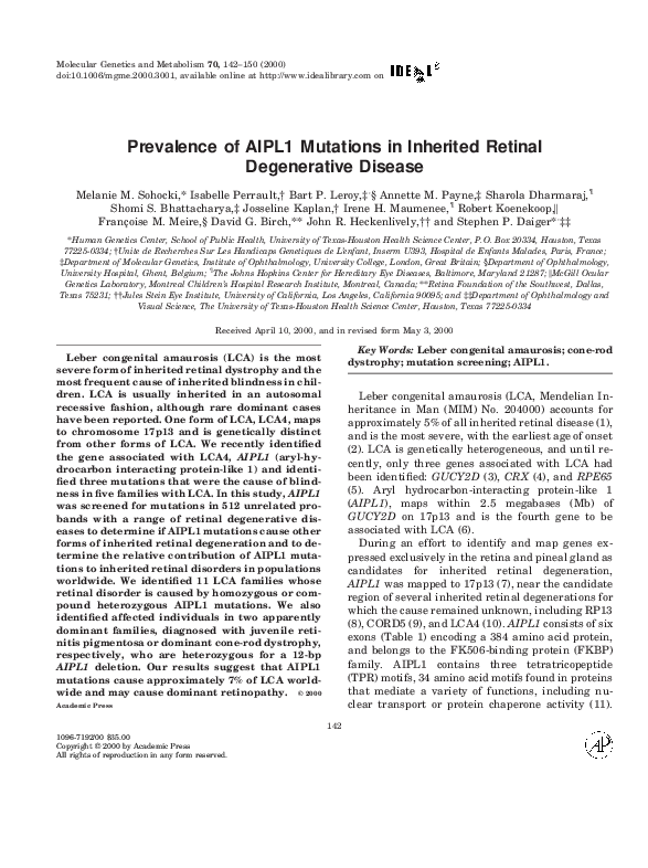 (PDF) Prevalence of AIPL1 Mutations in Inherited Retinal Degenerative ...