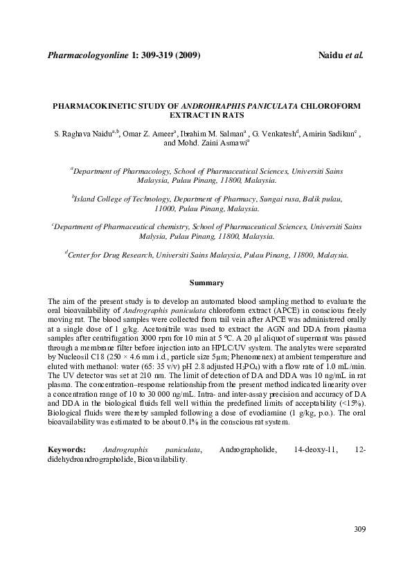 (PDF) Pharmacokinetic Study of Androhraphis Paniculata Chloroform Extract in Rats