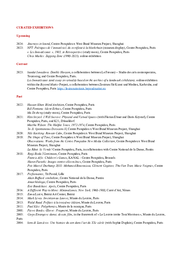 (DOC) List of curated exhibitions and selected publications 2023