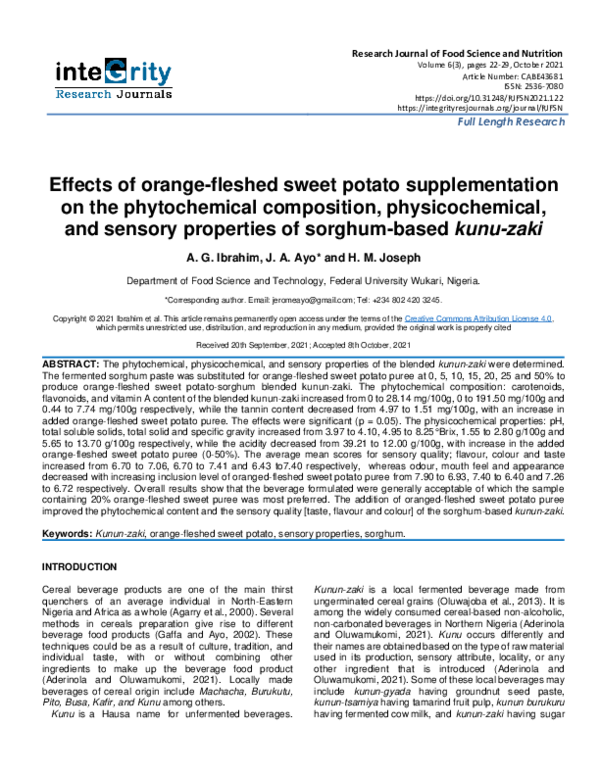 (PDF) Effects of orange-fleshed sweet potato supplementation on the phytochemical composition ...
