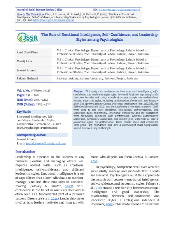 (PDF) The Role of Emotional Intelligence, Self-Confidence, and ...