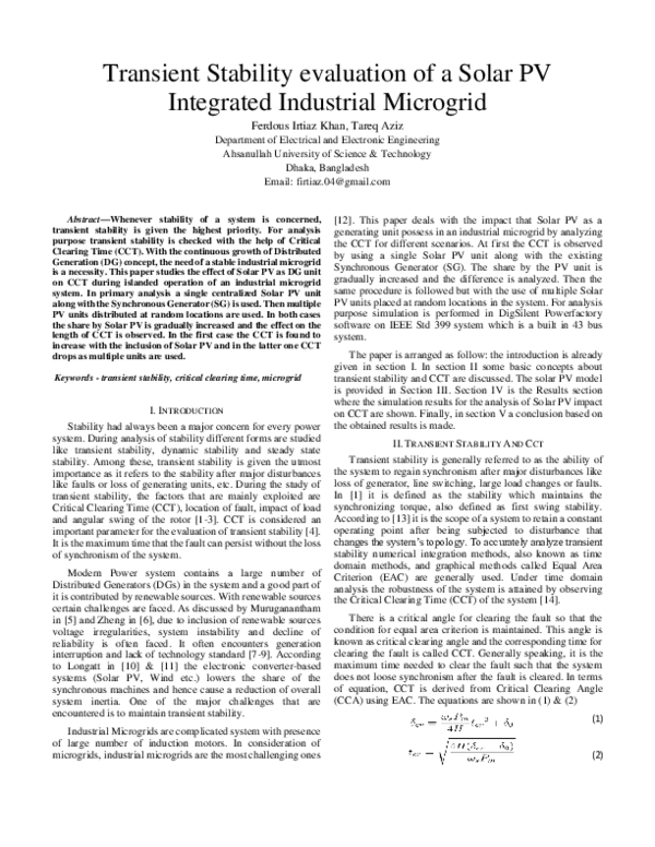 (PDF) Transient Stability evaluation of a Solar PV Integrated ...