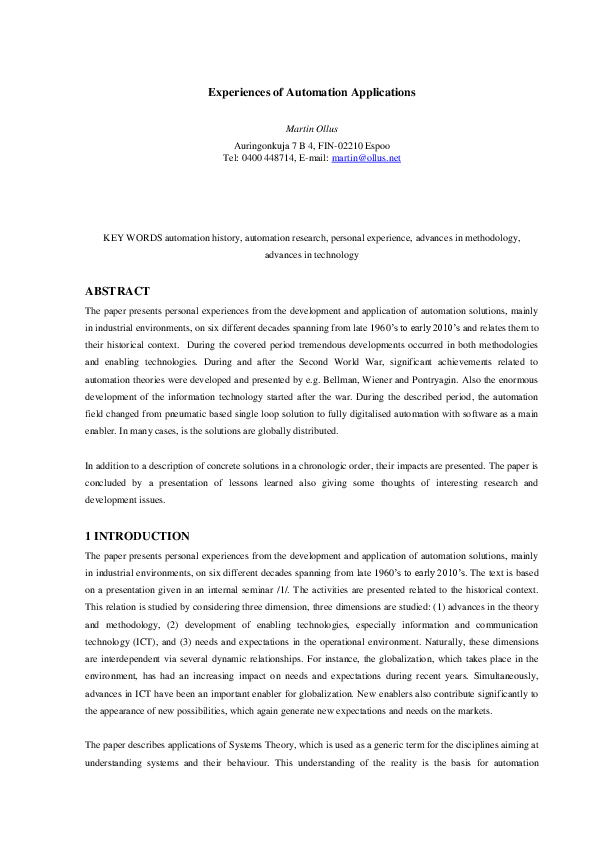 (PDF) Experiences of Automation Applications