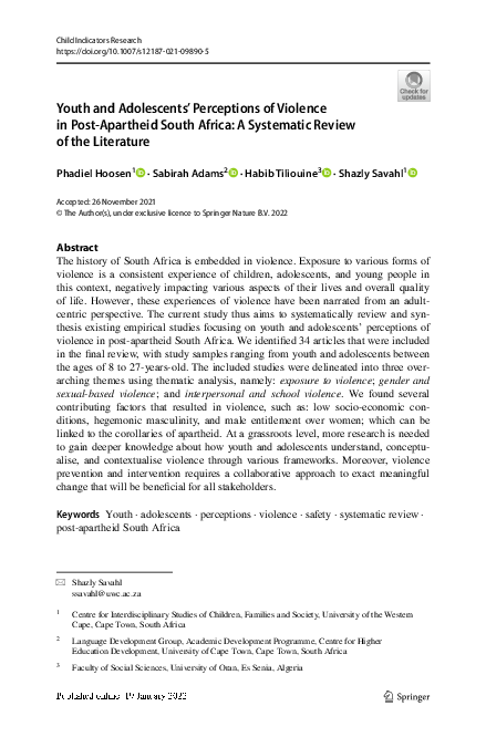 (PDF) Youth and Adolescents’ Perceptions of Violence in Post-Apartheid ...