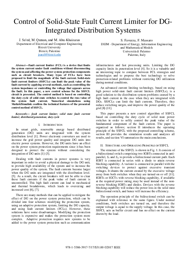 (PDF) Control of solid-state fault current limiter for DG-integrated distribution systems