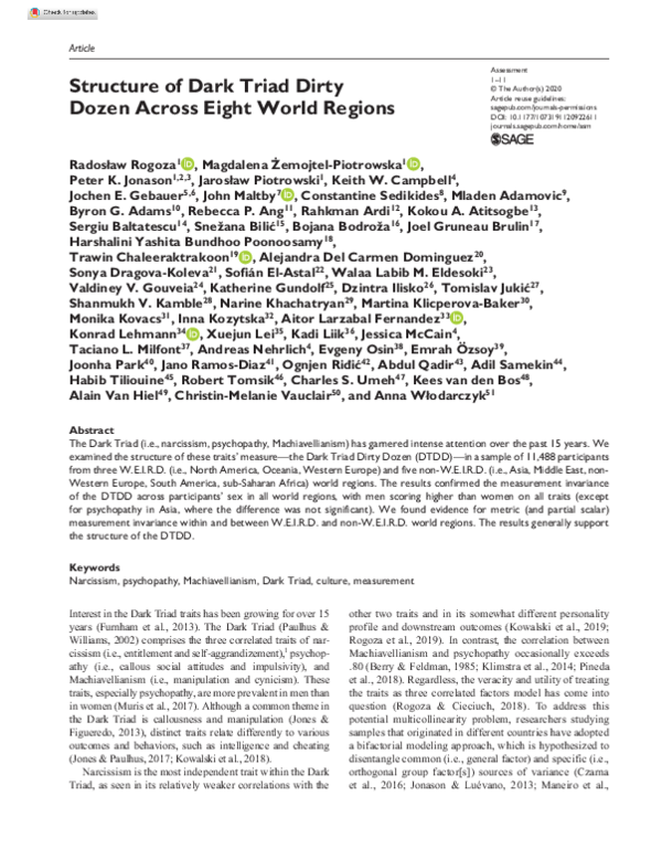 (PDF) Structure of Dark Triad Dirty Dozen Across Eight World Regions
