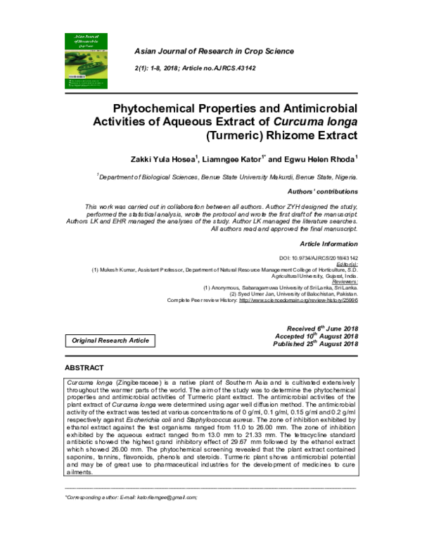 Pdf Phytochemical Properties And Antimicrobial Activities Of Aqueous Extract Of Curcuma Longa