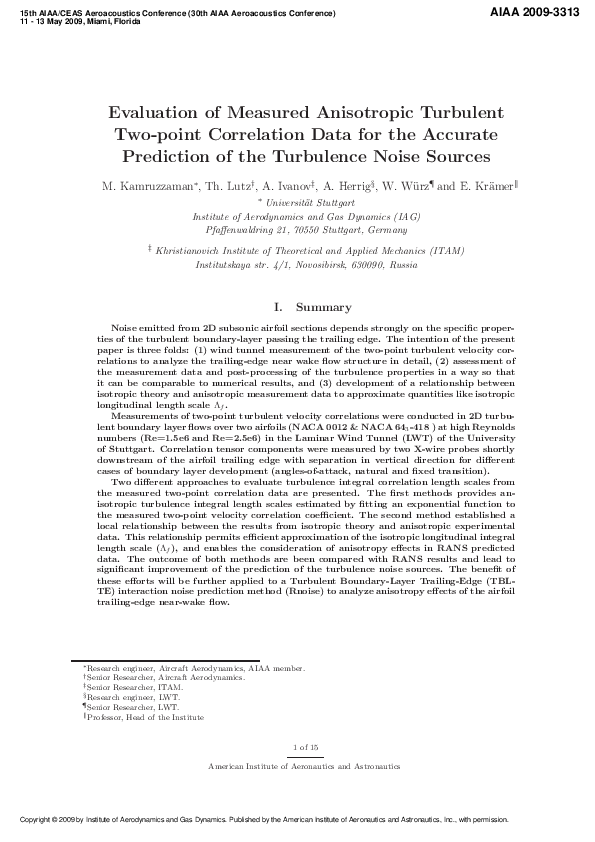 (PDF) Evaluation of Measured Anisotropic Turbulent Two-Point Correlation Data for the Accurate ...