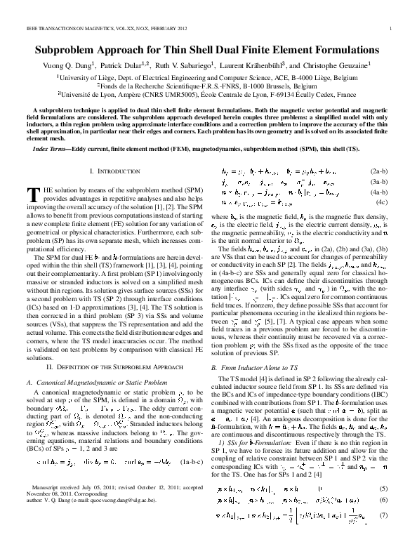 Pdf Subproblem Approach For Thin Shell Dual Finite Element Formulations