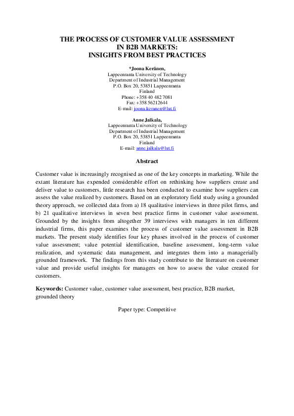 (PDF) The Process of Customer Value Assessment in B2B Markets: Insights ...