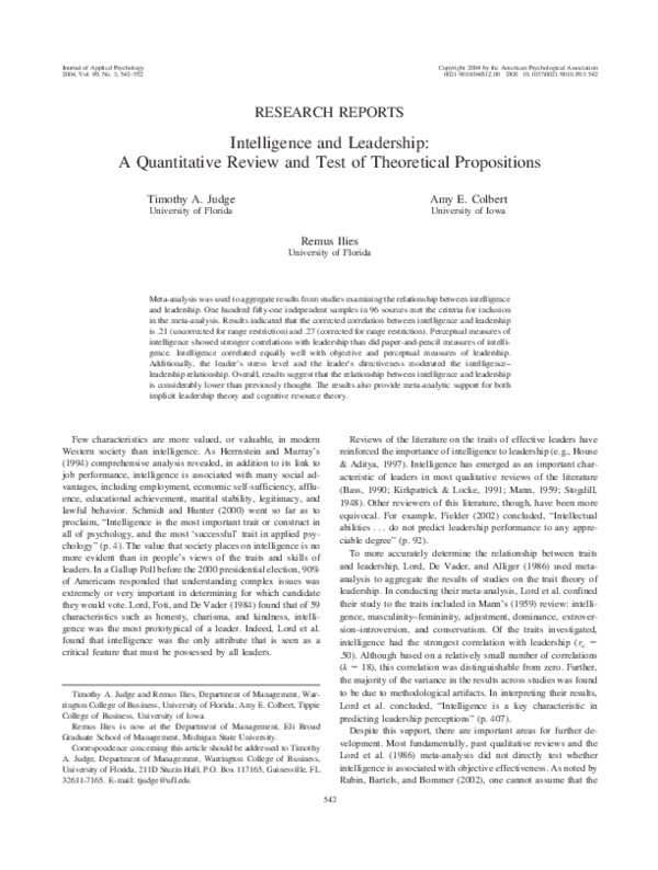 (PDF) Intelligence and Leadership: A Quantitative Review and Test of ...