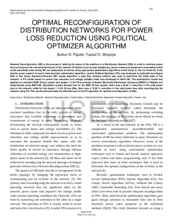 Pdf Optimal Reconfiguration Of Distribution Networks For Power Loss Reduction Using Political