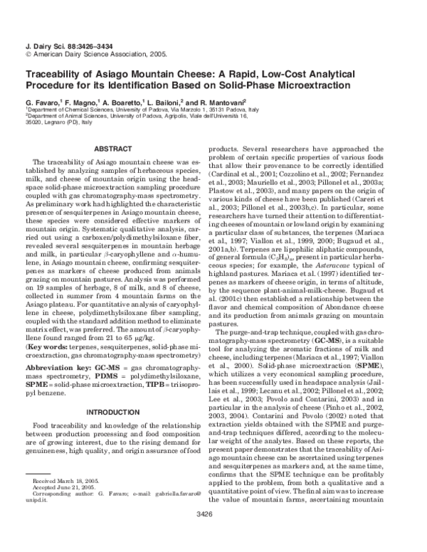 (PDF) Traceability of Asiago Mountain Cheese: A Rapid, Low-Cost ...