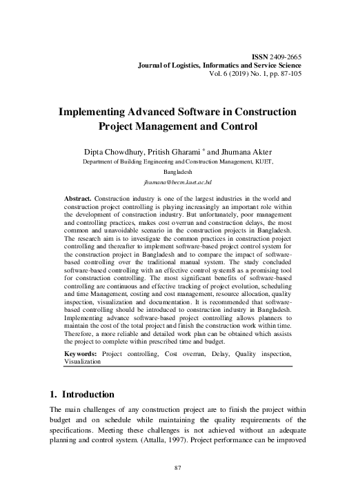 (PDF) Implementing Advanced Software in Construction Project Management and Control