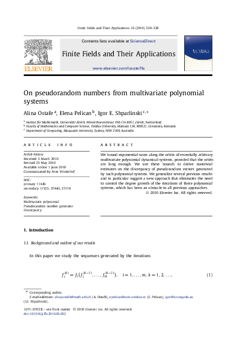 Pdf On Pseudorandom Numbers From Multivariate Polynomial Systems
