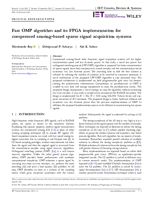 Pdf Fast Omp Algorithm And Its Fpga Implementation For Compressed