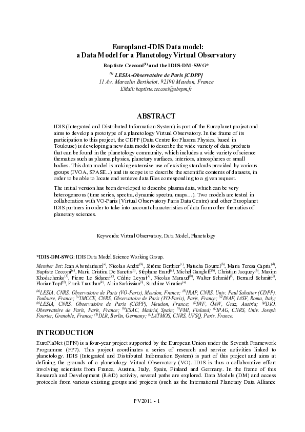 (PDF) Europlanet-IDIS Data model: a Data Model for a Planetology Virtual Observatory