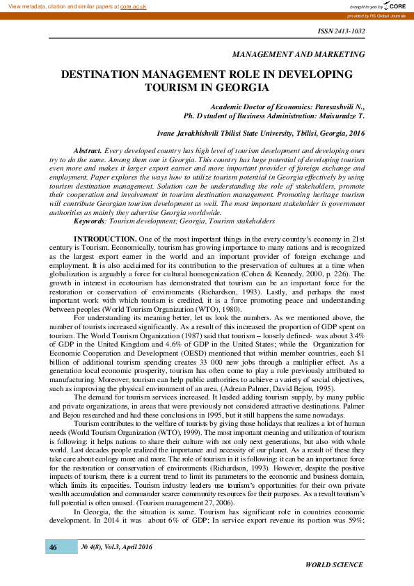 (PDF) Destination Management Role in Developing Tourism in Georgia