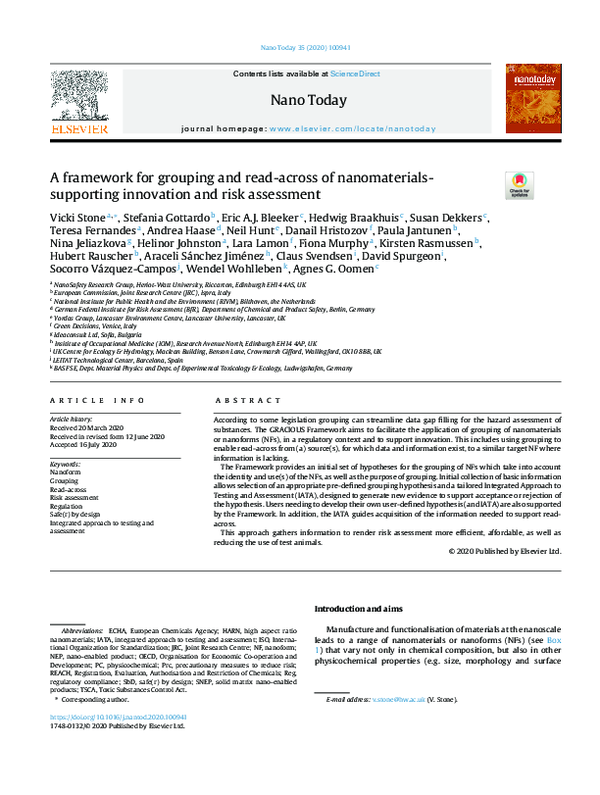 (PDF) A framework for grouping and read-across of nanomaterials- supporting innovation and risk ...