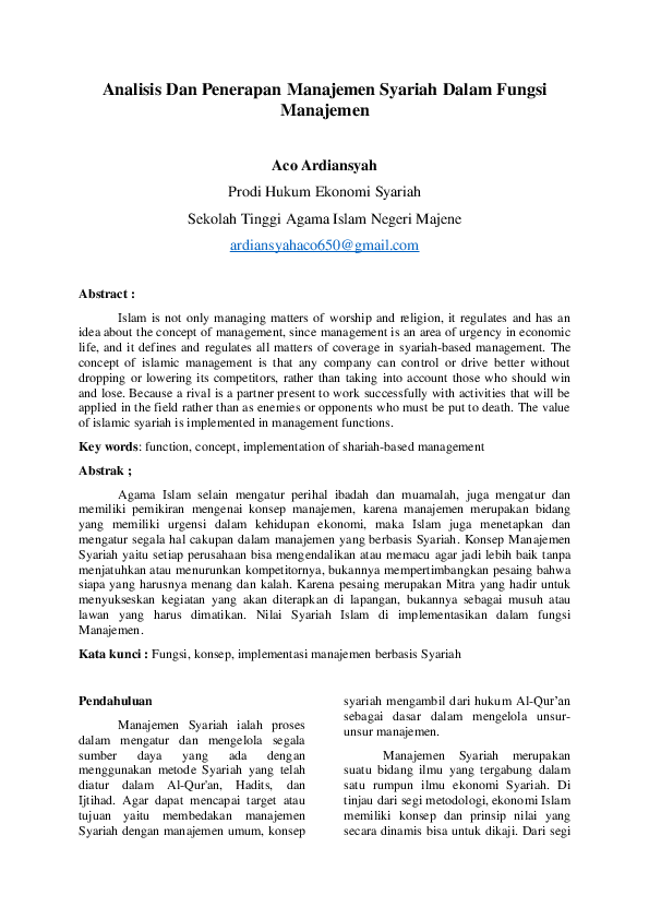 (PDF) Analisis Dan Penerapan Manajemen Syariah Dalam Fungsi Manajemen