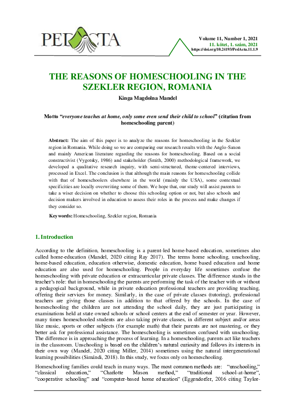 (PDF) THE REASONS OF HOMESCHOOLING IN THE SZEKLER REGION, ROMANIA