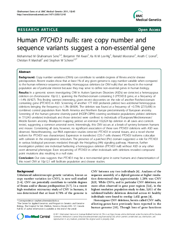 (PDF) Human PTCHD3 nulls: rare copy number and sequence variants ...