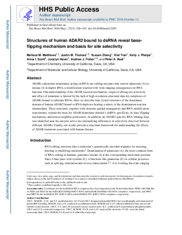 (PDF) Structures of human ADAR2 bound to dsRNA reveal base-flipping ...