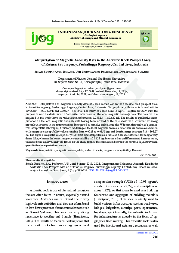Pdf Interpretation Of Magnetic Anomaly Data In The Andesitic Rock Prospect Area Of Kutasari