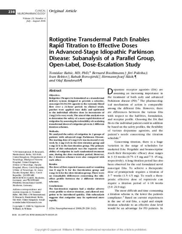 (PDF) Rotigotine Transdermal Patch Enables Rapid Titration to Effective ...