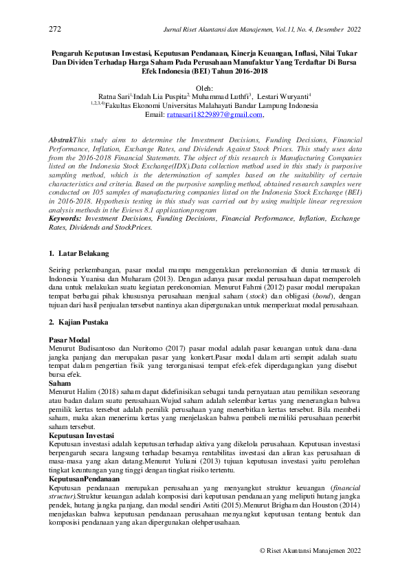 (PDF) PENGARUH KEPUTUSAN INVESTASI, KEPUTUSAN PENDANAAN, PROFITABILITAS DAN UKURAN PERUSAHAAN ...