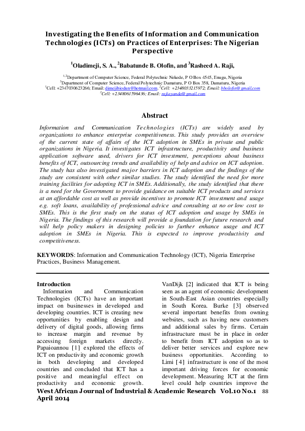 (PDF) Investigating the Benefits of Information and Communication Technologies (ICTs) on ...