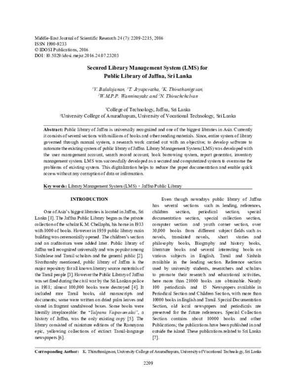 (PDF) Secured Library Management System (LMS) for Public Library of Jaffna, Sri Lanka