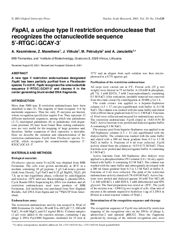 (PDF) FspAI, a unique type II restriction endonuclease that recognizes ...