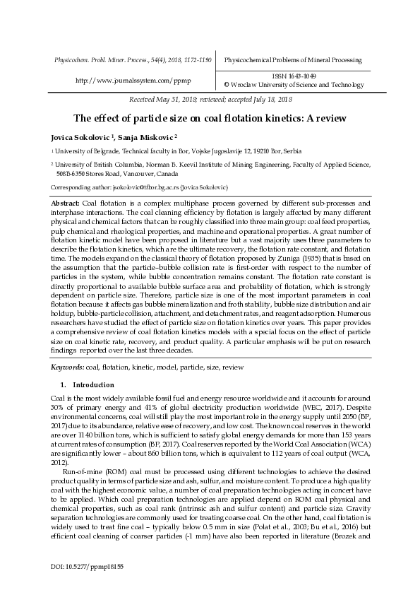 (PDF) The effect of particle size on coal flotation kinetics: A review