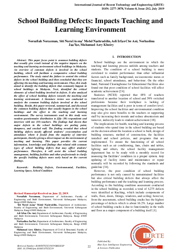 (PDF) School Building Defects: Impacts Teaching and Learning Environmentv
