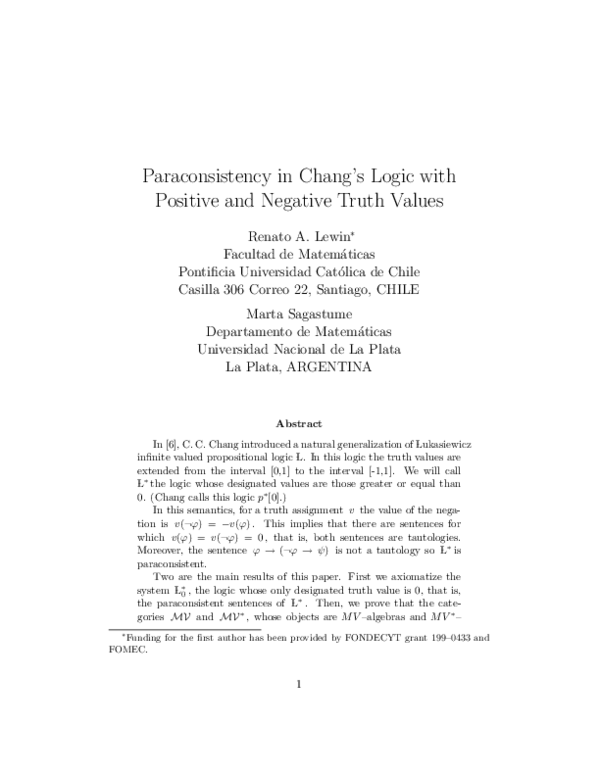 (PDF) Paraconsistency in Chang's Logic with Truth Values Analysis