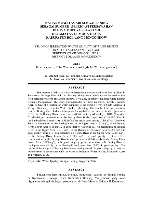 (PDF) Kajian Kualitas Air Sungai Bening Sebagai Sumber Air Irigasi ...