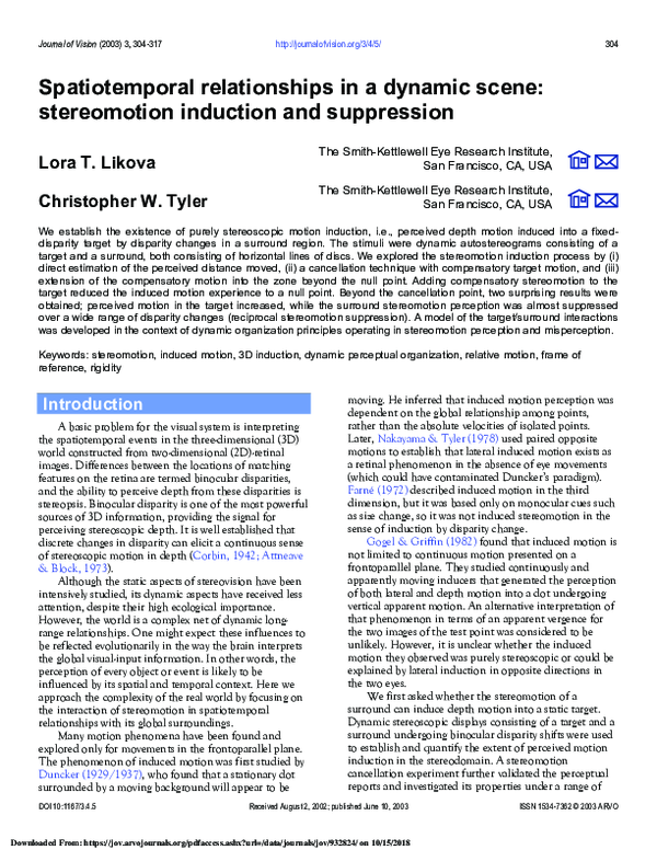 (PDF) Spatiotemporal relationships in a dynamic scene: stereomotion induction and suppression