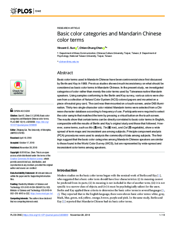 (PDF) Basic color categories and Mandarin Chinese color terms