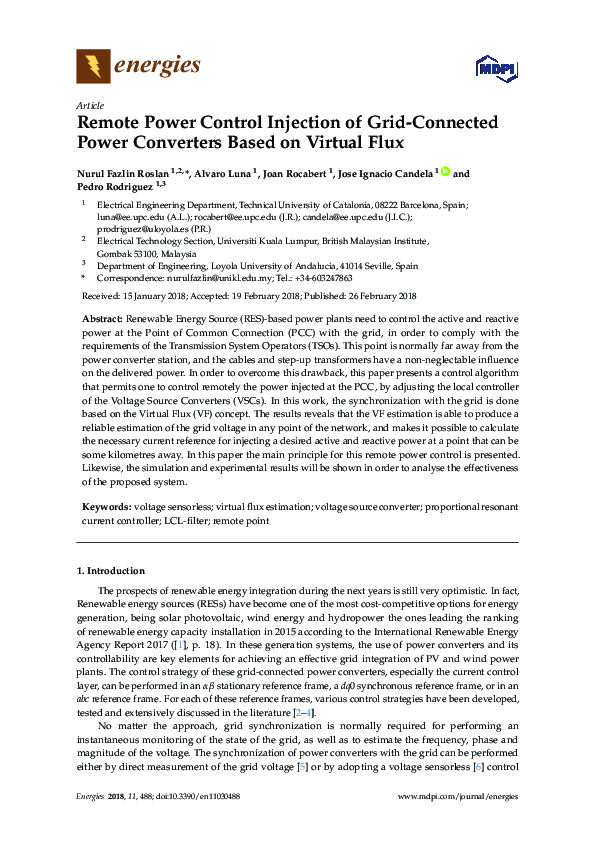 (PDF) Remote Power Control Injection of Grid-Connected Power Converters Based on Virtual Flux
