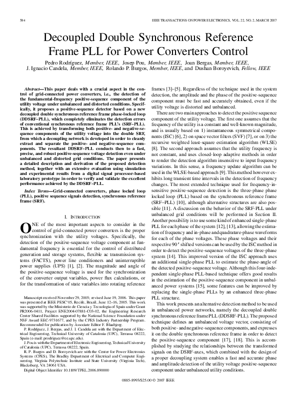 Pdf Decoupled Double Synchronous Reference Frame Pll For Power Converters Control