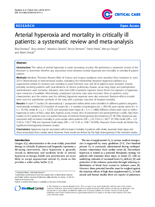 (PDF) Arterial hyperoxia and mortality in critically ill patients: a ...