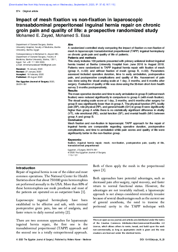 (PDF) Impact of mesh fixation vs non-fixation in laparoscopic transabdominal preperitoneal ...