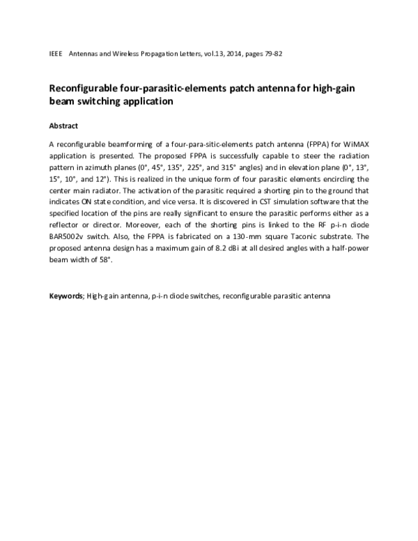 Pdf Reconfigurable Four Parasitic Elements Patch Antenna For High