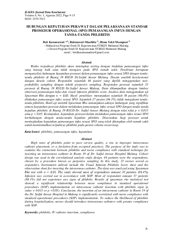 (PDF) Hubungan Kepatuhan Perawat dalam Pelaksanaan Standar Prosedur Operasional (SPO) Pemasangan ...