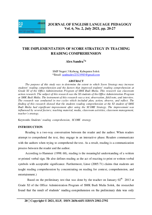 (PDF) The Implementation of Score Strategy in Teaching Reading ...