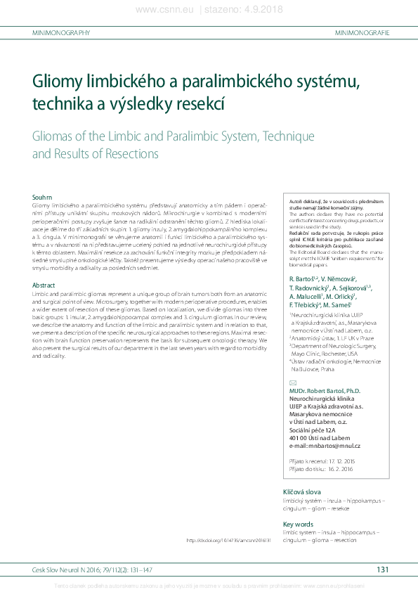 (PDF) Gliomas of the Limbic and Paralimbic System, Technique and ...